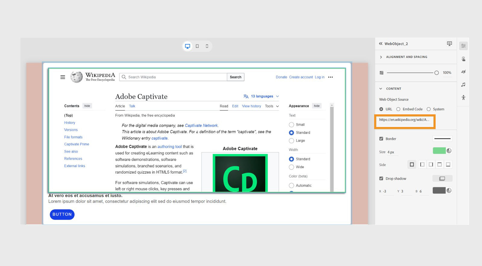 Add web objects to Adobe Captivate Projects and embed media & PDFs